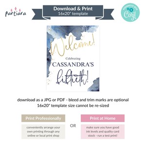 Editable Welcome Sign Digital Download Navy Blue Gold Birthday Welcome ...