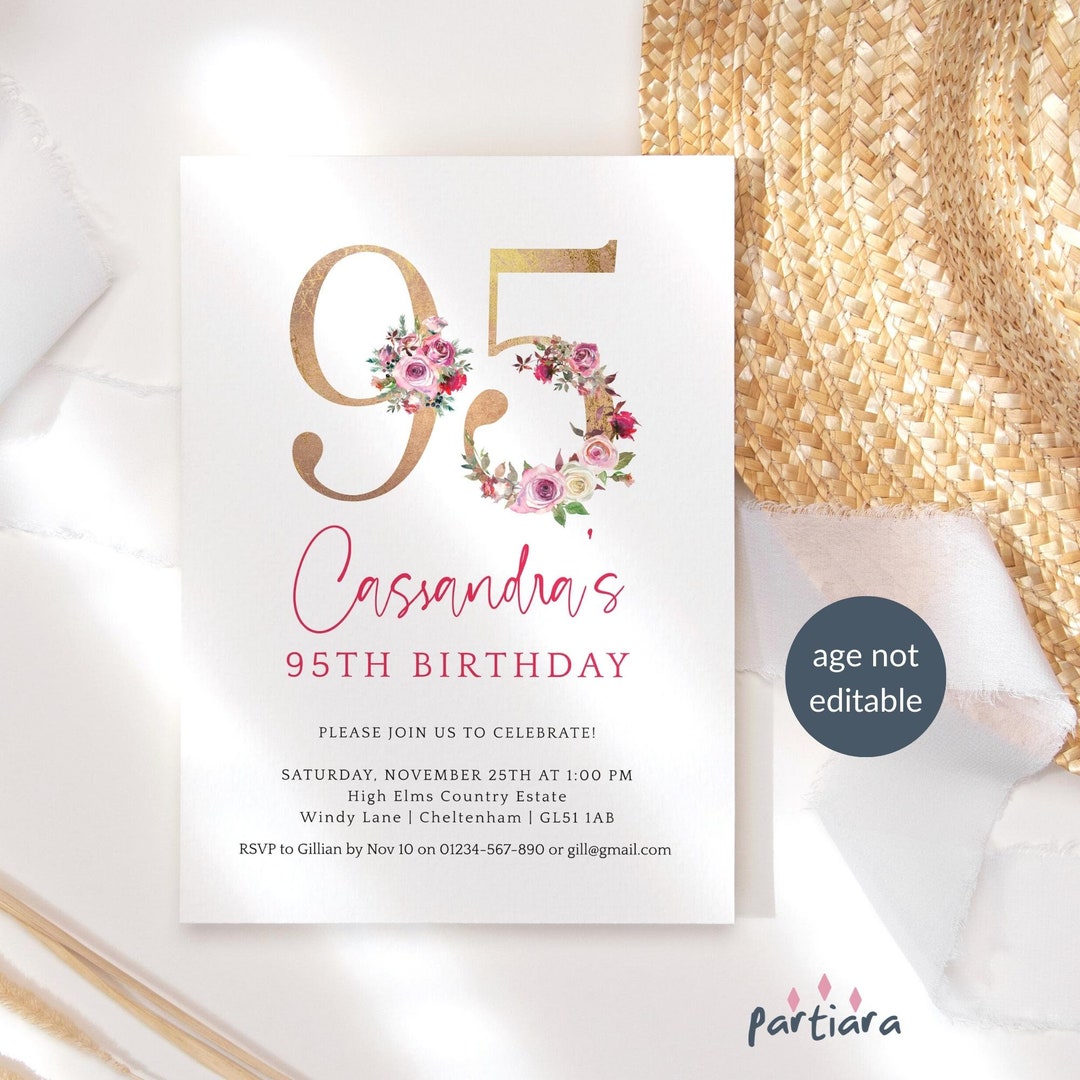 Ladies 95th Birthday Invitation Printable Garden Tea Lunch Party ...