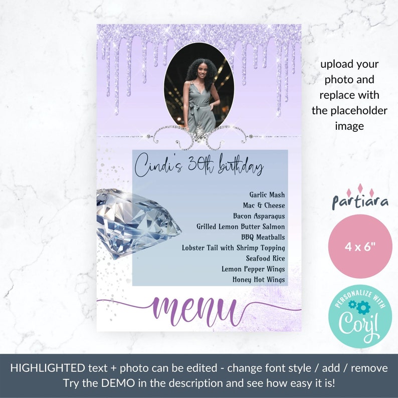 Purple Birthday Diamonds Menu Printable, Photo Table Menus, Ladies 30th ...