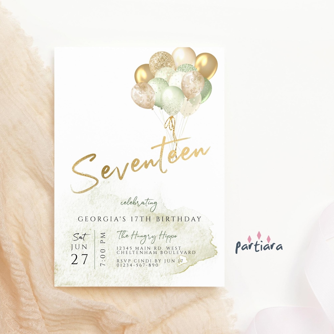 17th Birthday Invitation Card Printable, Gold Seventeen Boy or Girl ...