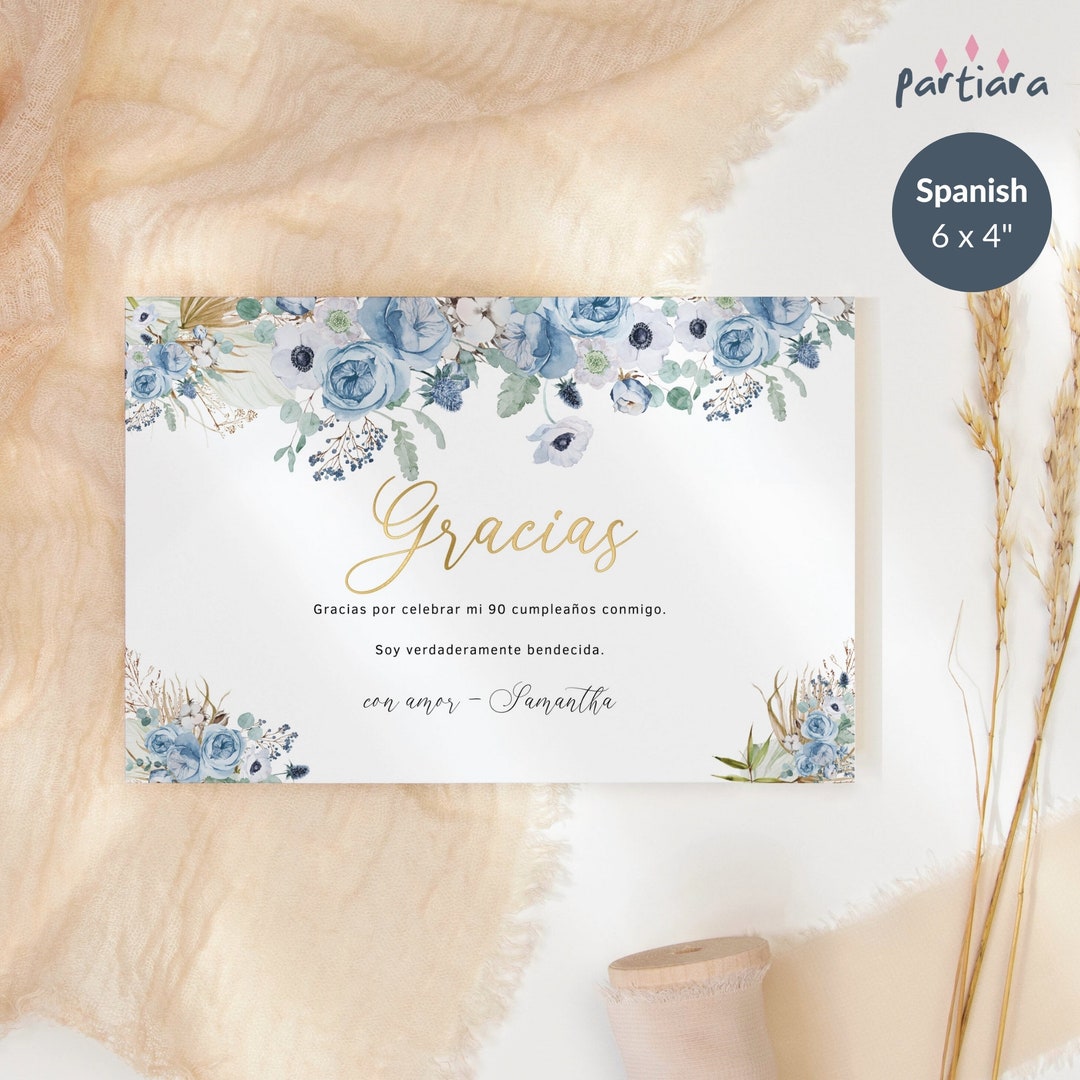 Blue Floral Thank You Card Spanish Birthday Template, Ladies Party ...