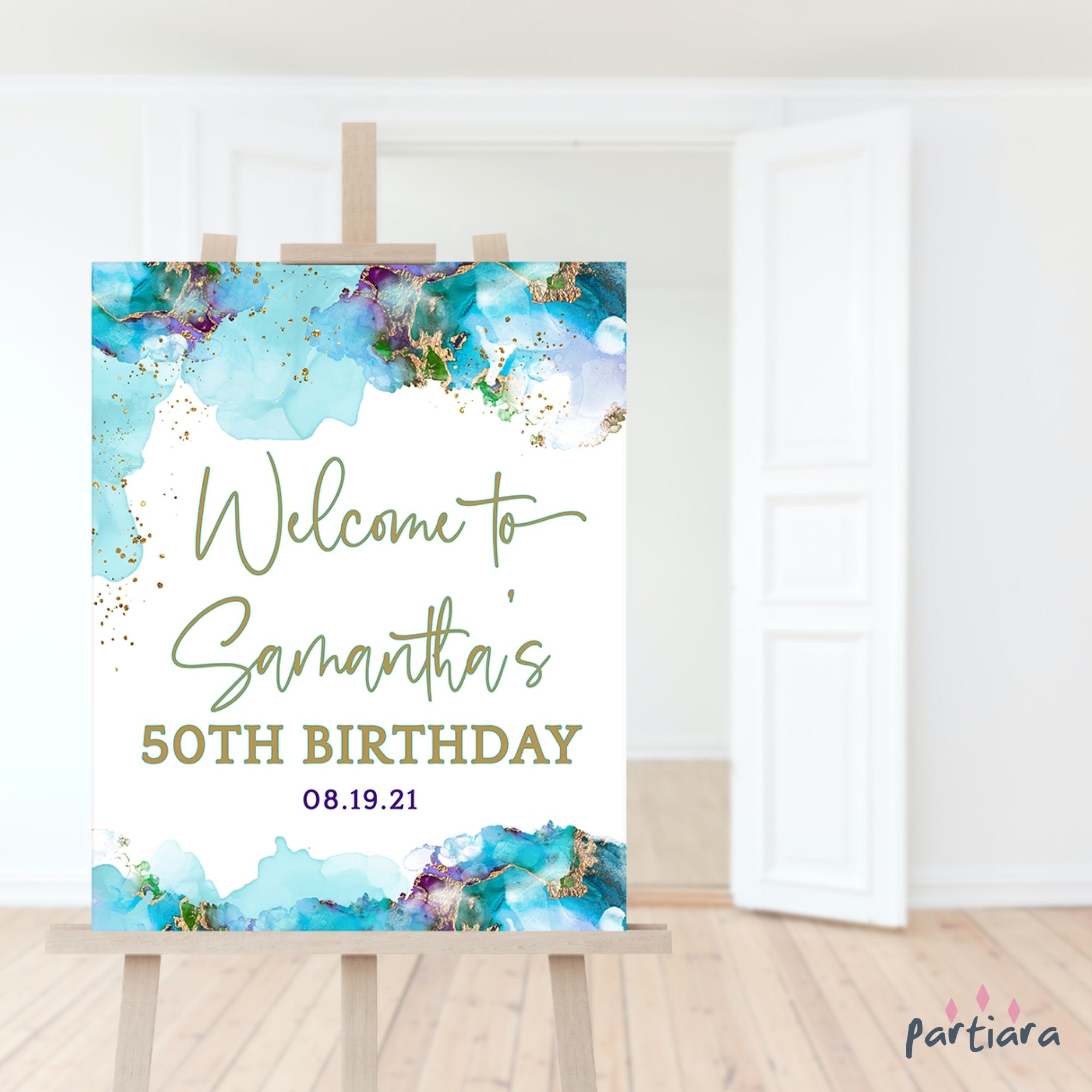 Turquoise Blue Gold Welcome Sign Template Editable DIY | Etsy
