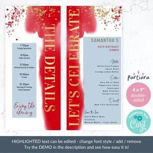 Red Gold Birthday Menu and Program Printable Ladies Party - Etsy Canada