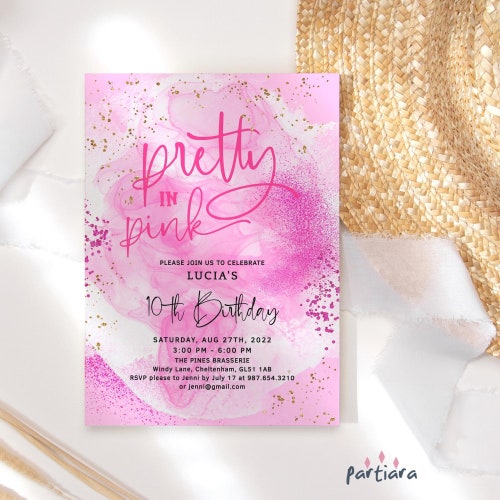 Girl Pretty in Pink Birthday Invitation Editable Template - Etsy