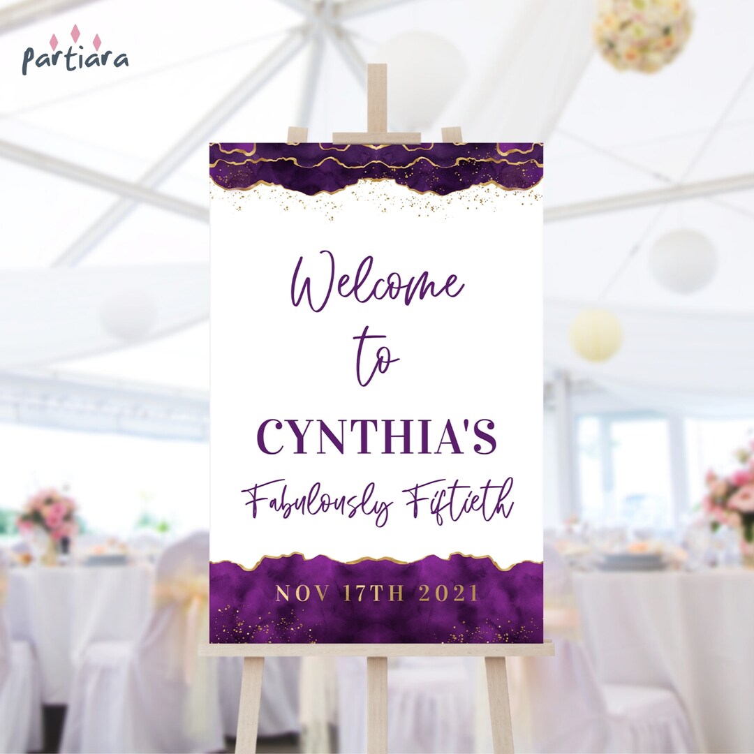 Purple Welcome Sign Ladies Birthday Party Poster Decoration Digital ...