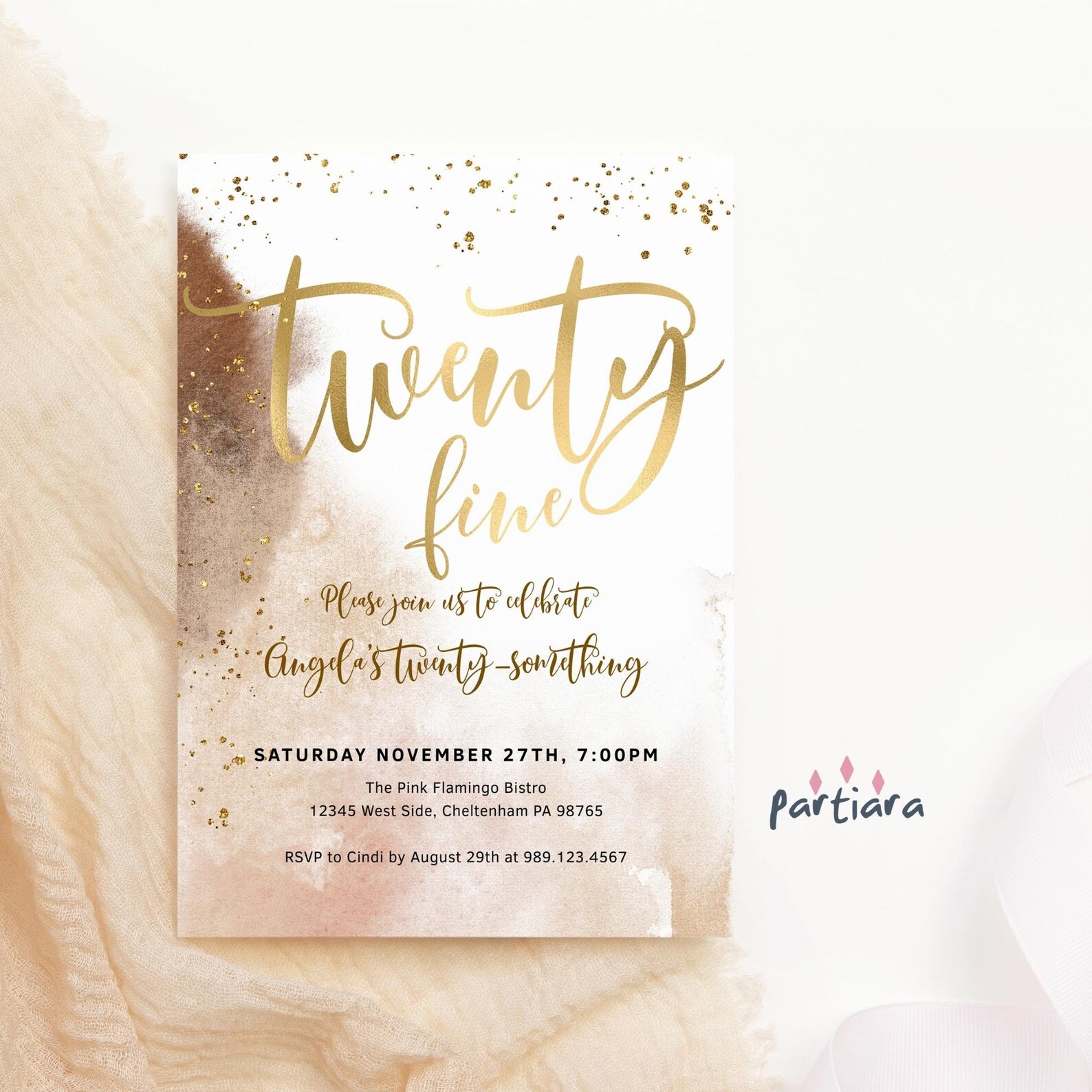 Ladies Twenty Fine 20th Birthday Invitation Brown and Gold - Etsy