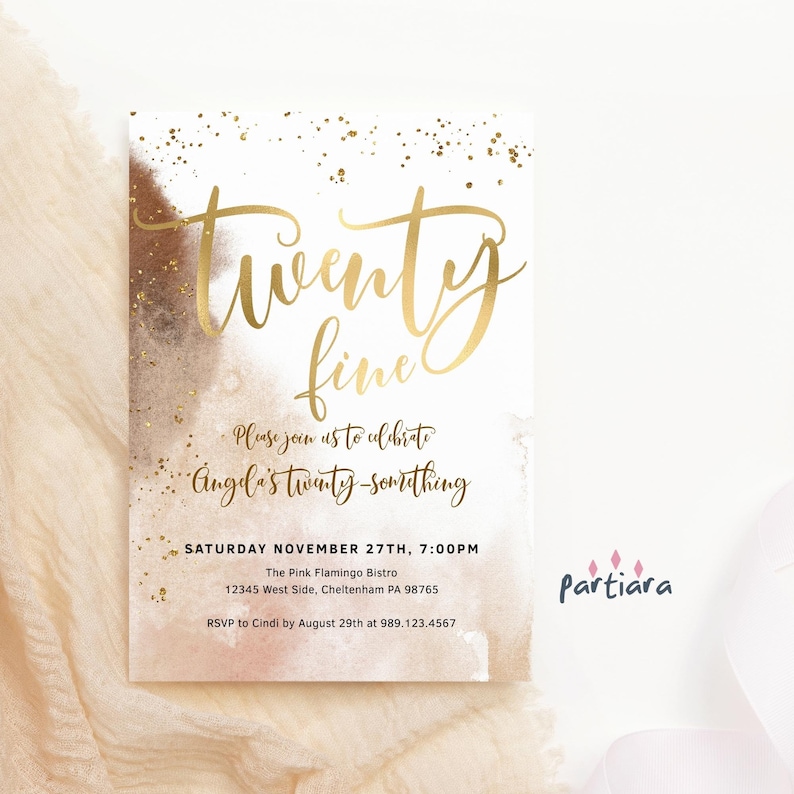 Ladies Twenty Fine 20th Birthday Invitation Brown and Gold - Etsy