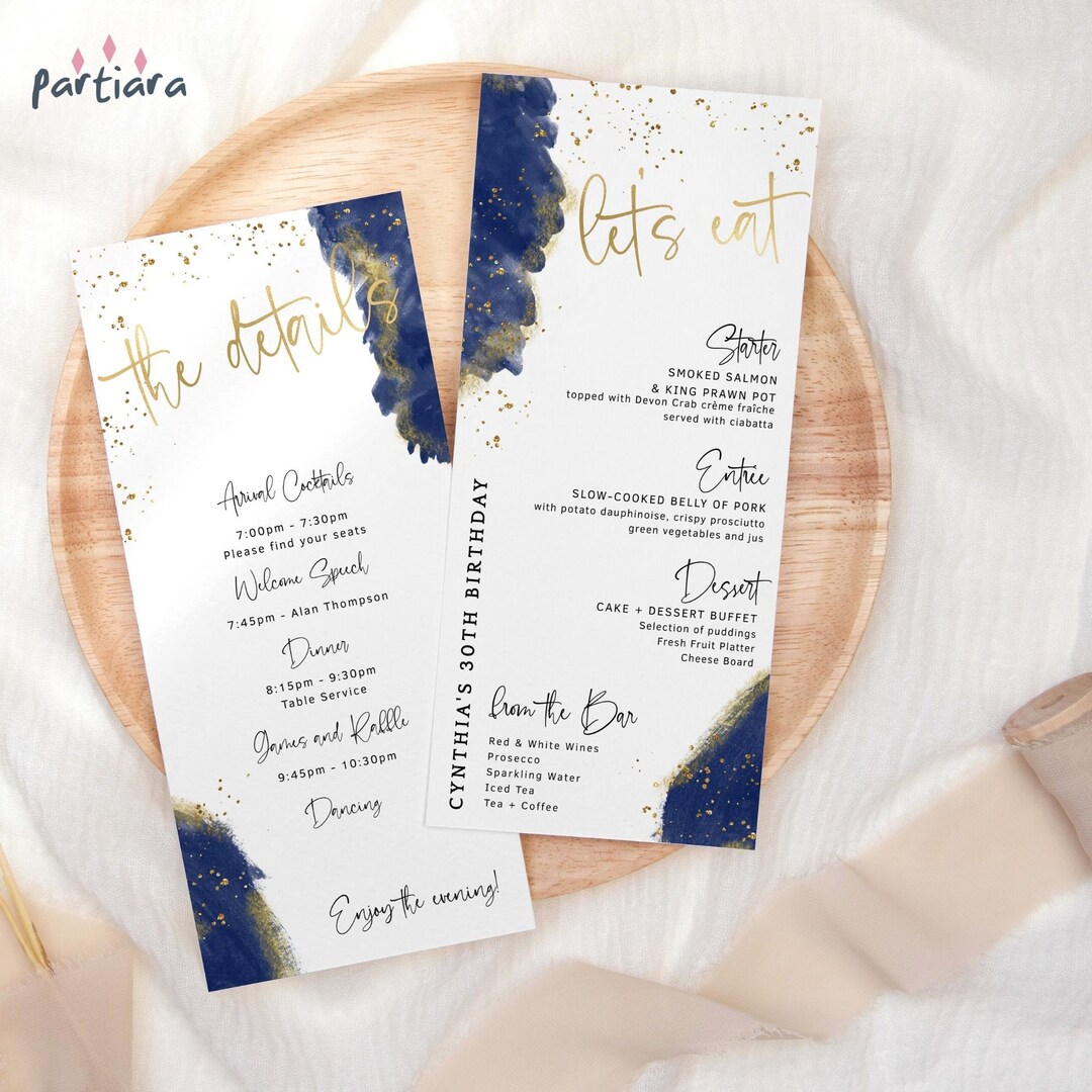 Navy Blue Gold Menu With Program Printable Men or Ladies Dinner Party ...