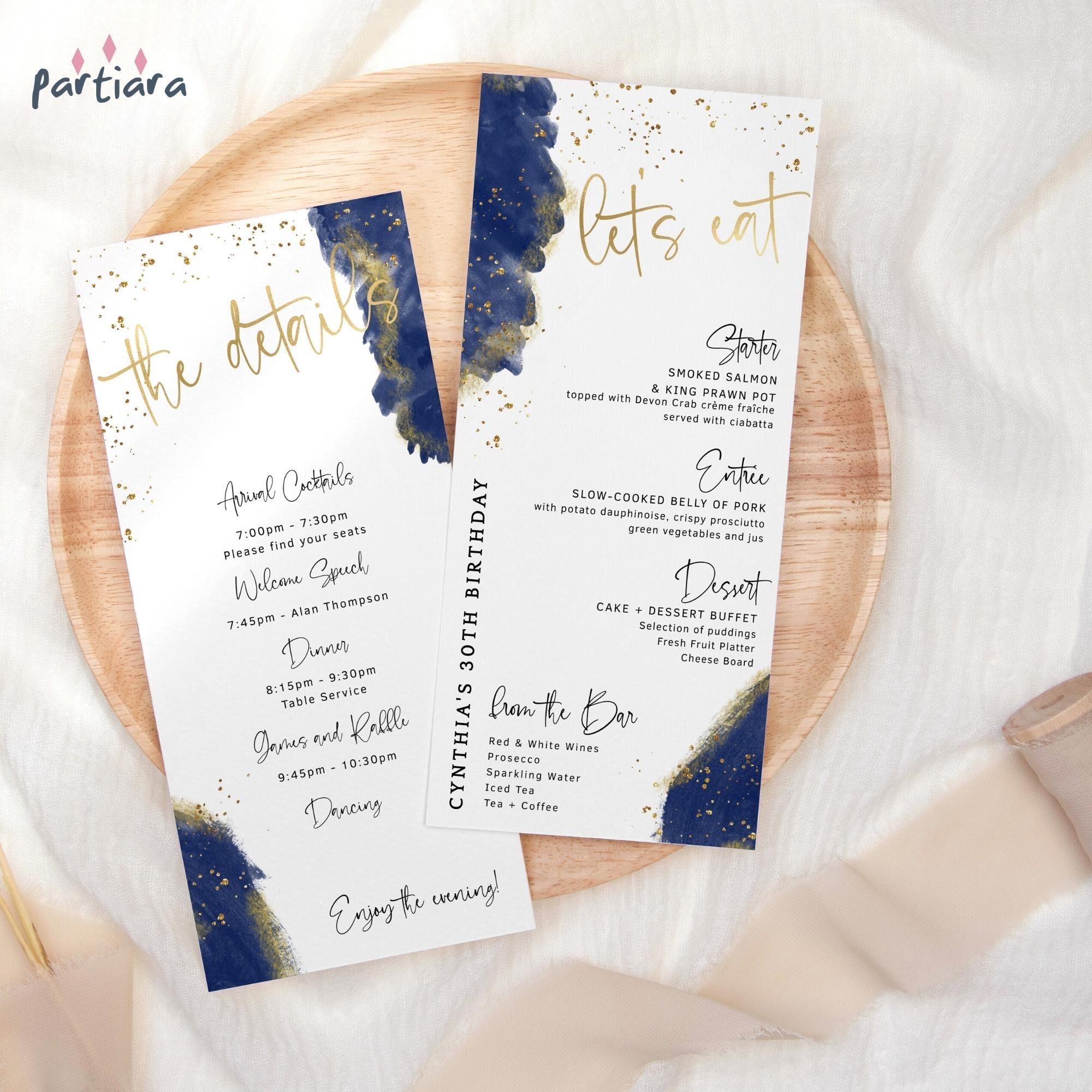 Navy Blue Gold Menu With Program Printable Men or Ladies | Etsy