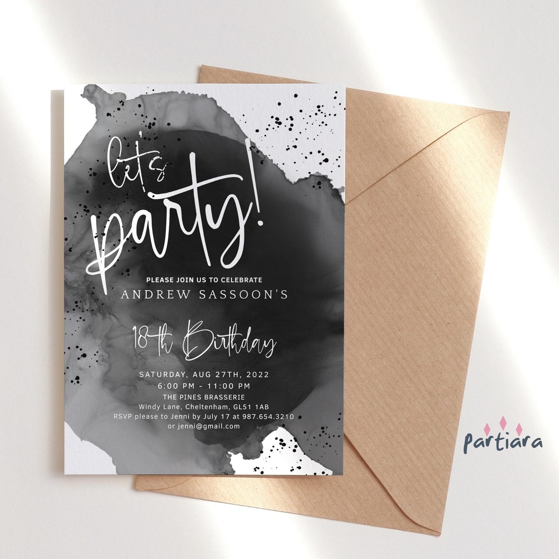 Editable Black White Party Invite Birthday Invitations for Men - Etsy