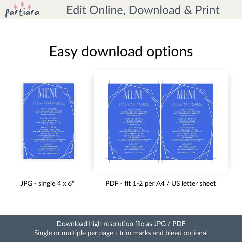 Royal Blue Menu Template, Place Setting Menus Printable, Birthday ...