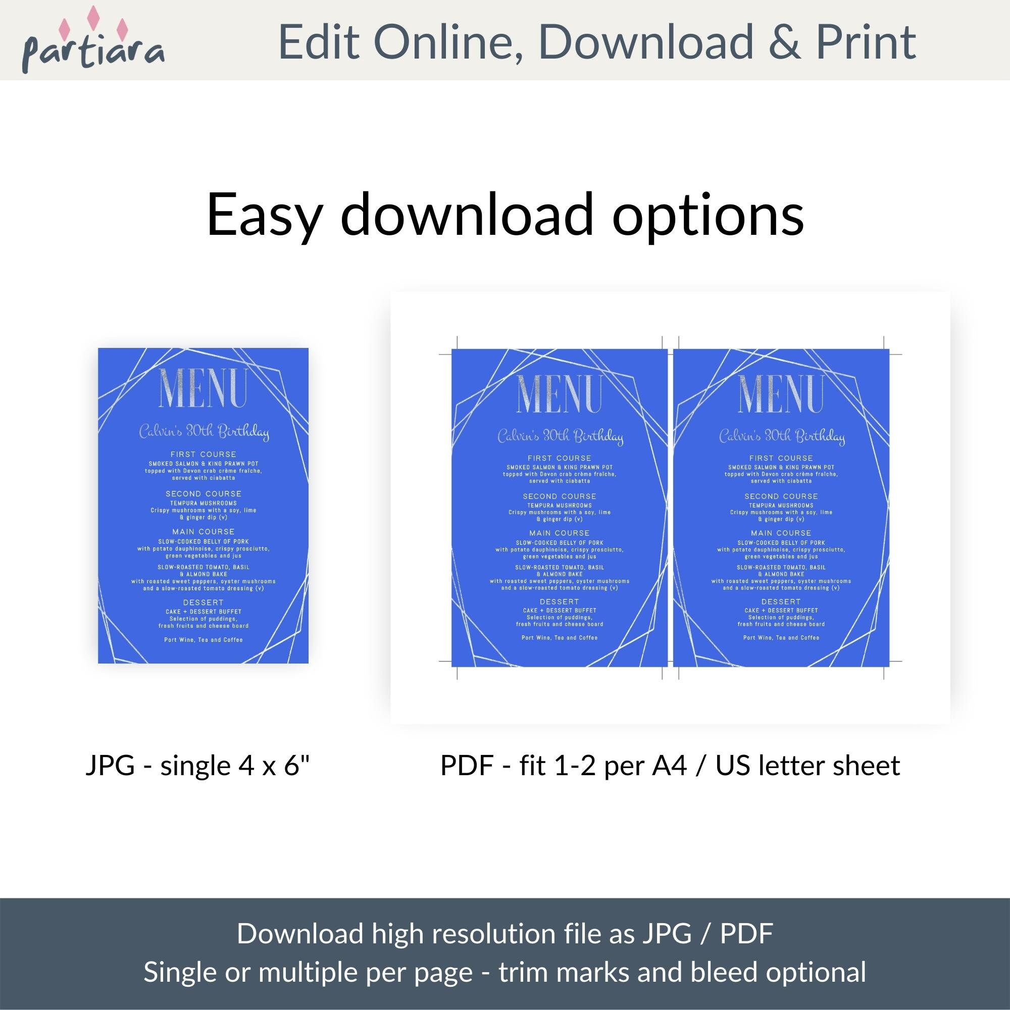 Royal Blue Menu Template, Place Setting Menus Printable, Birthday ...