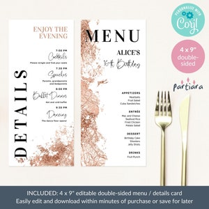 Rose Gold Menu Program Card Printable Teen Girls Ladies Birthday Dinner ...