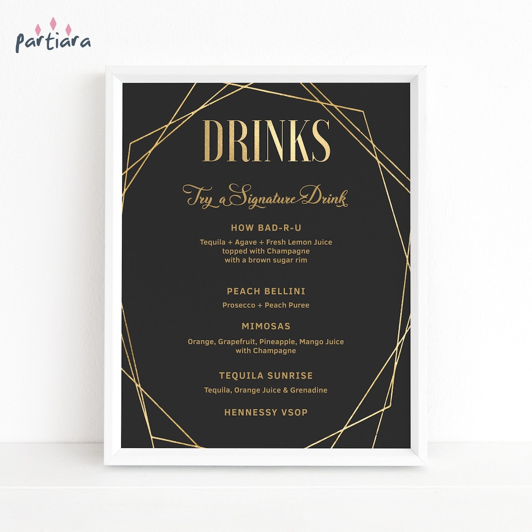 Editable Drinks Menu Card Template Adult Birthday Menus Party Signature ...