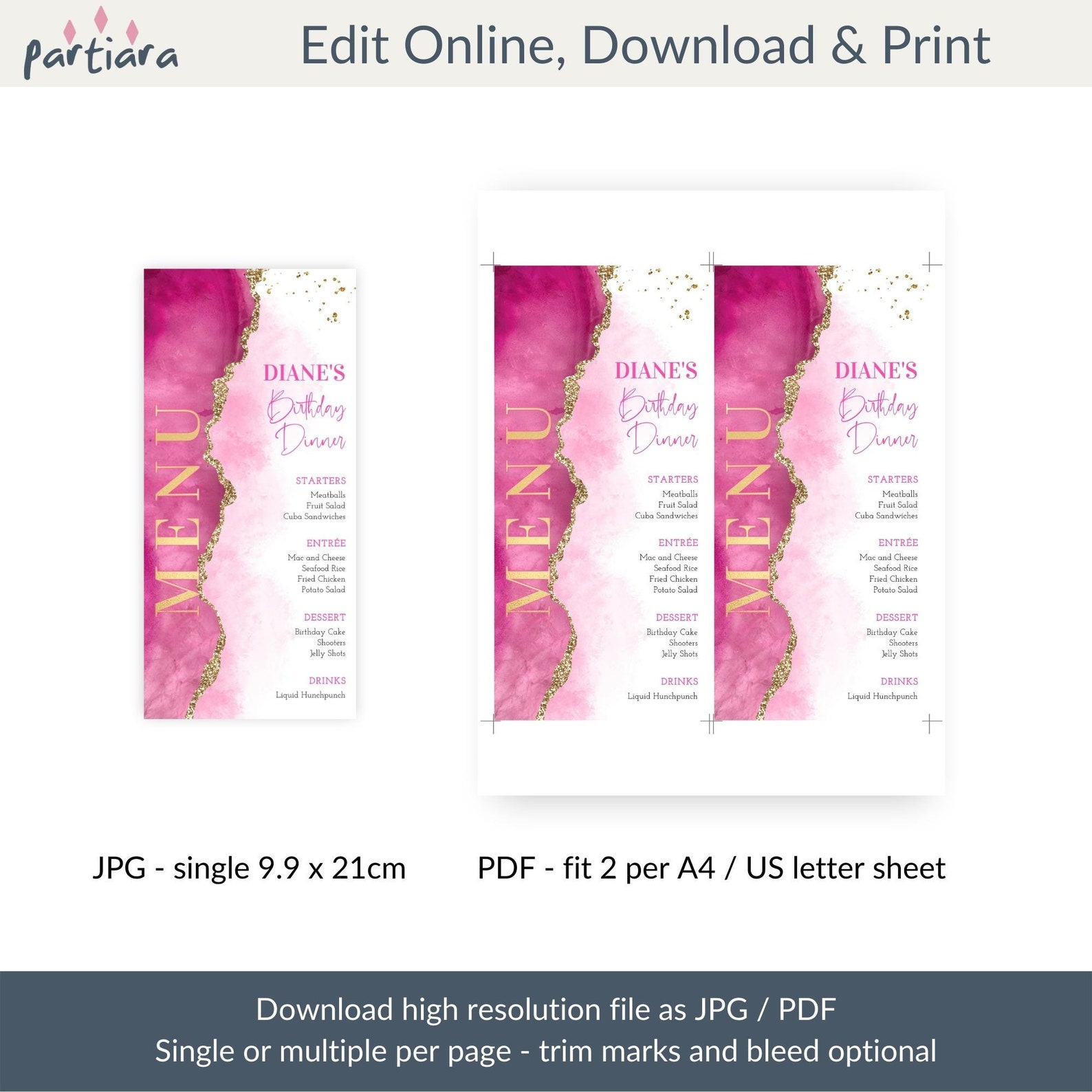 Fuchsia Gold Menu Editable Template Ladies Teens Girls Birthday ...