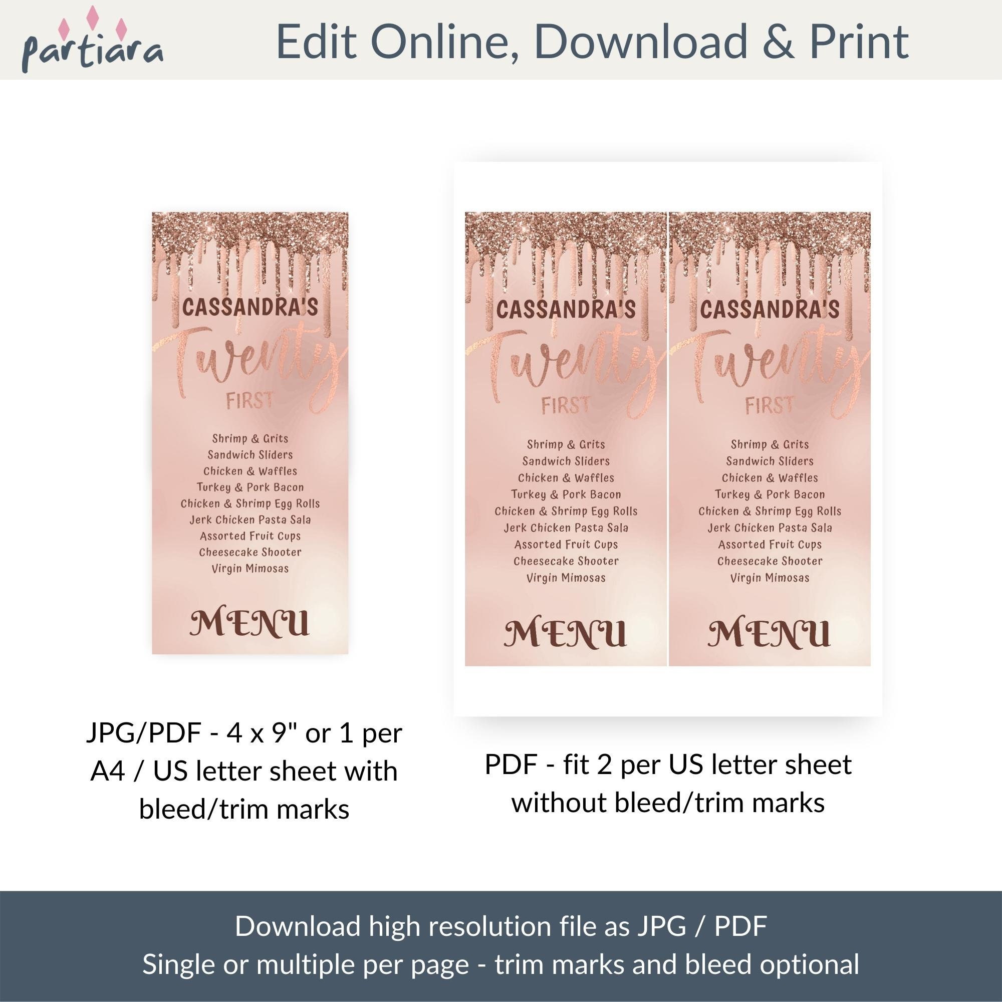 Rose Gold 21st Birthday Party Menus Printable Ladies Dinner Table Decor ...