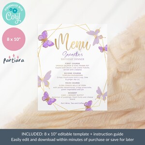 Purple Butterfly Menu, Birthday Menus Printable for Teen Girls or ...