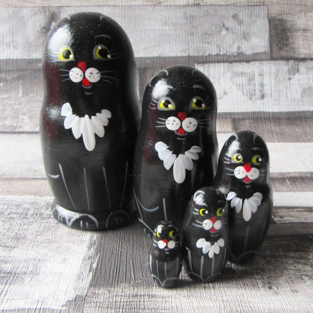 Stylish Black Cat Design / 5 Piece / Nesting Doll / Handmade ...