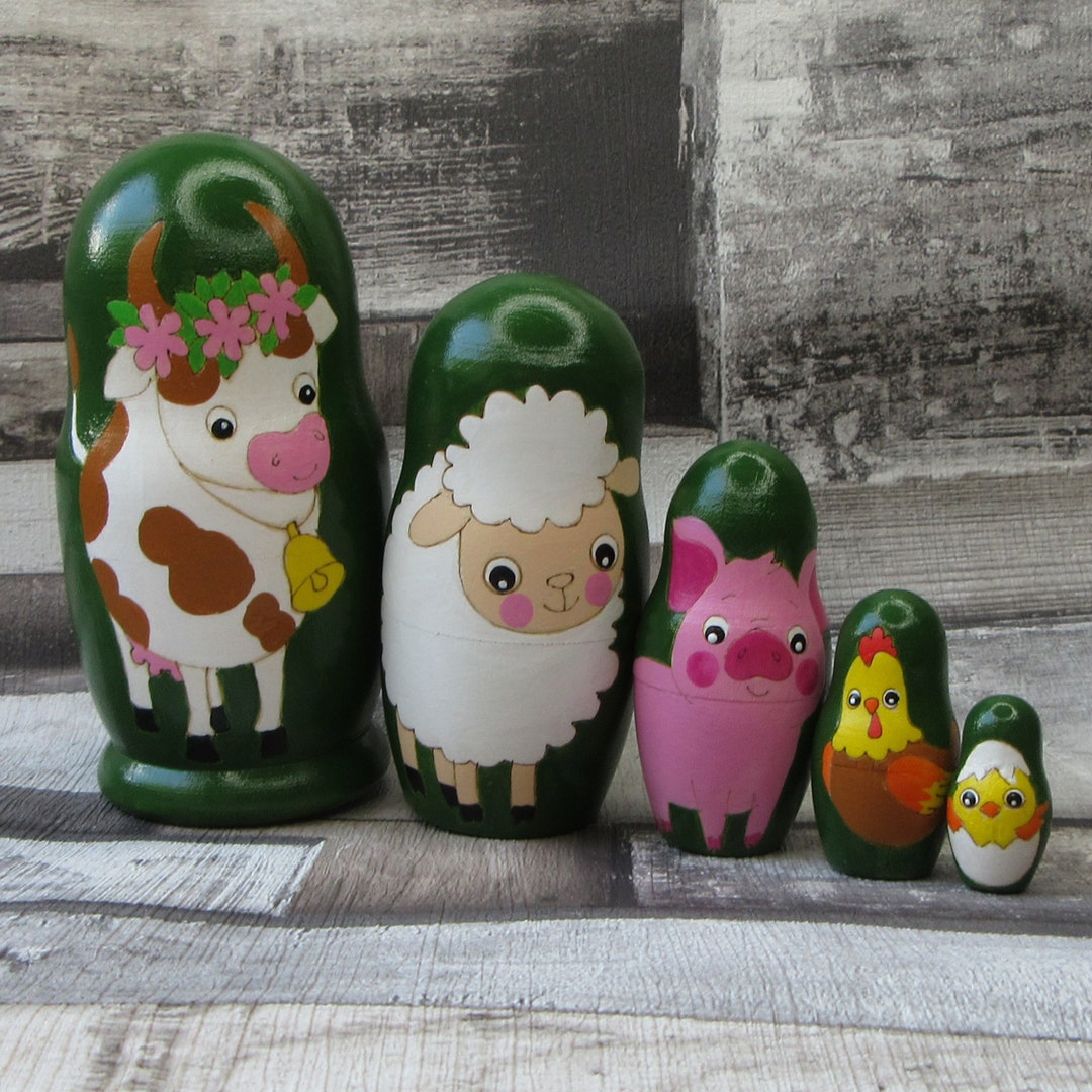 Cute Nesting Dolls Farm Animals Cow Sheep Pig Chicken Chick Handmade ...