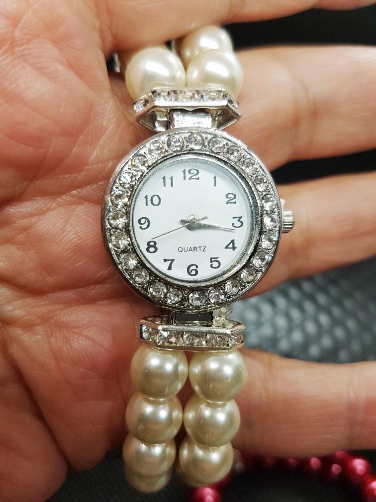 Ladies Pearl Dress/cocktail Watch. Adjustable Stretch Bracelet | Etsy UK