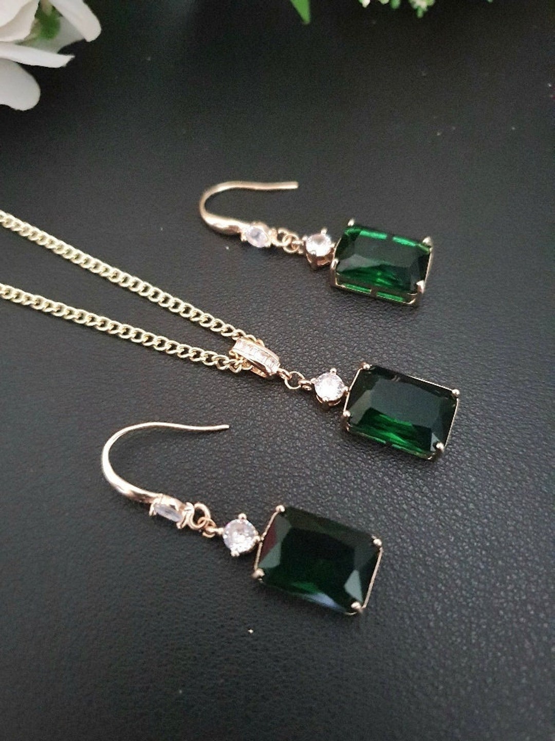 Green Square Jewellery Set. Bridal Necklace and Earring Set. Wedding ...