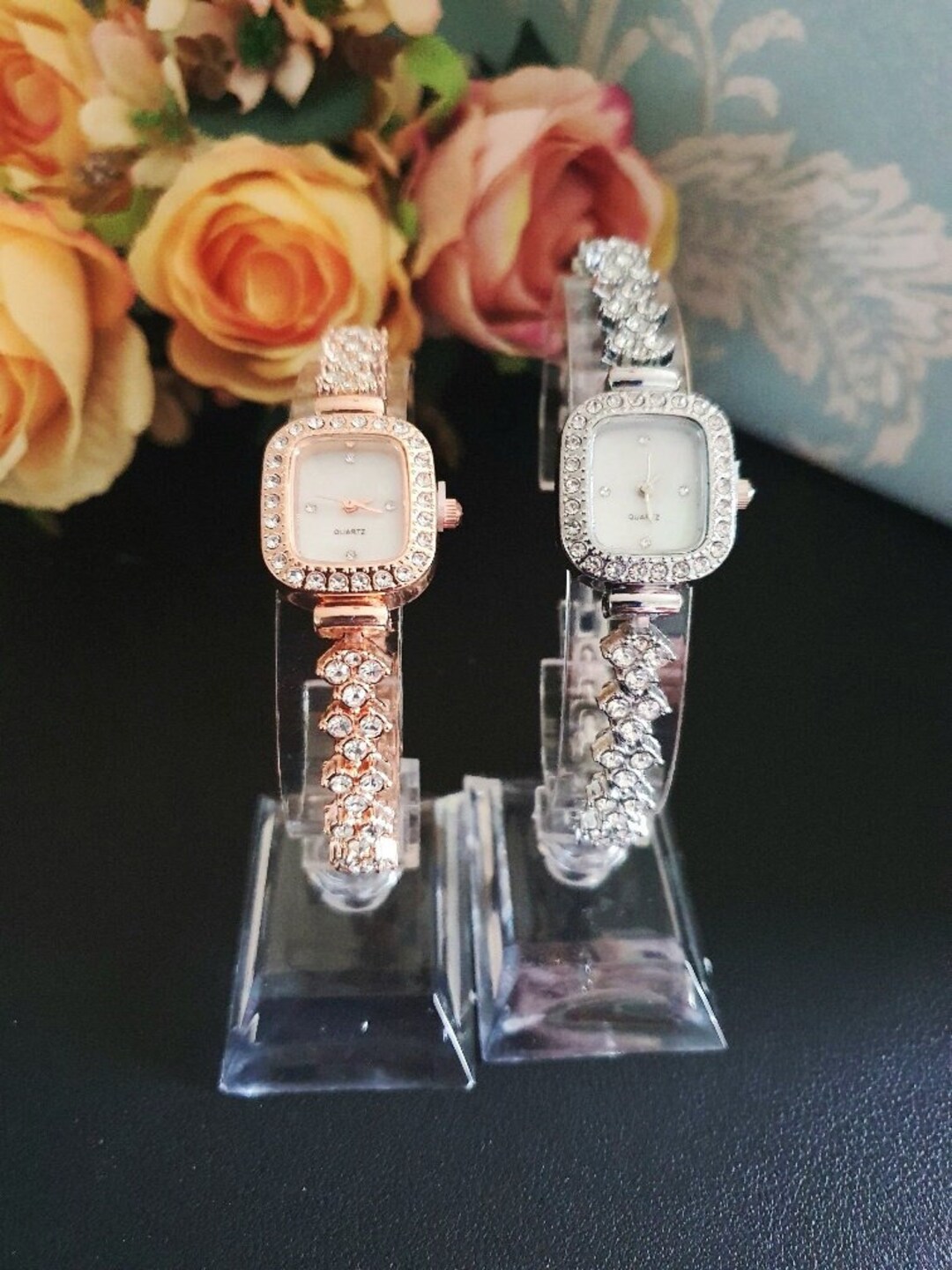 Square Face Crystal Cocktail Watch. Rose Gold or Silver. Art Deco ...