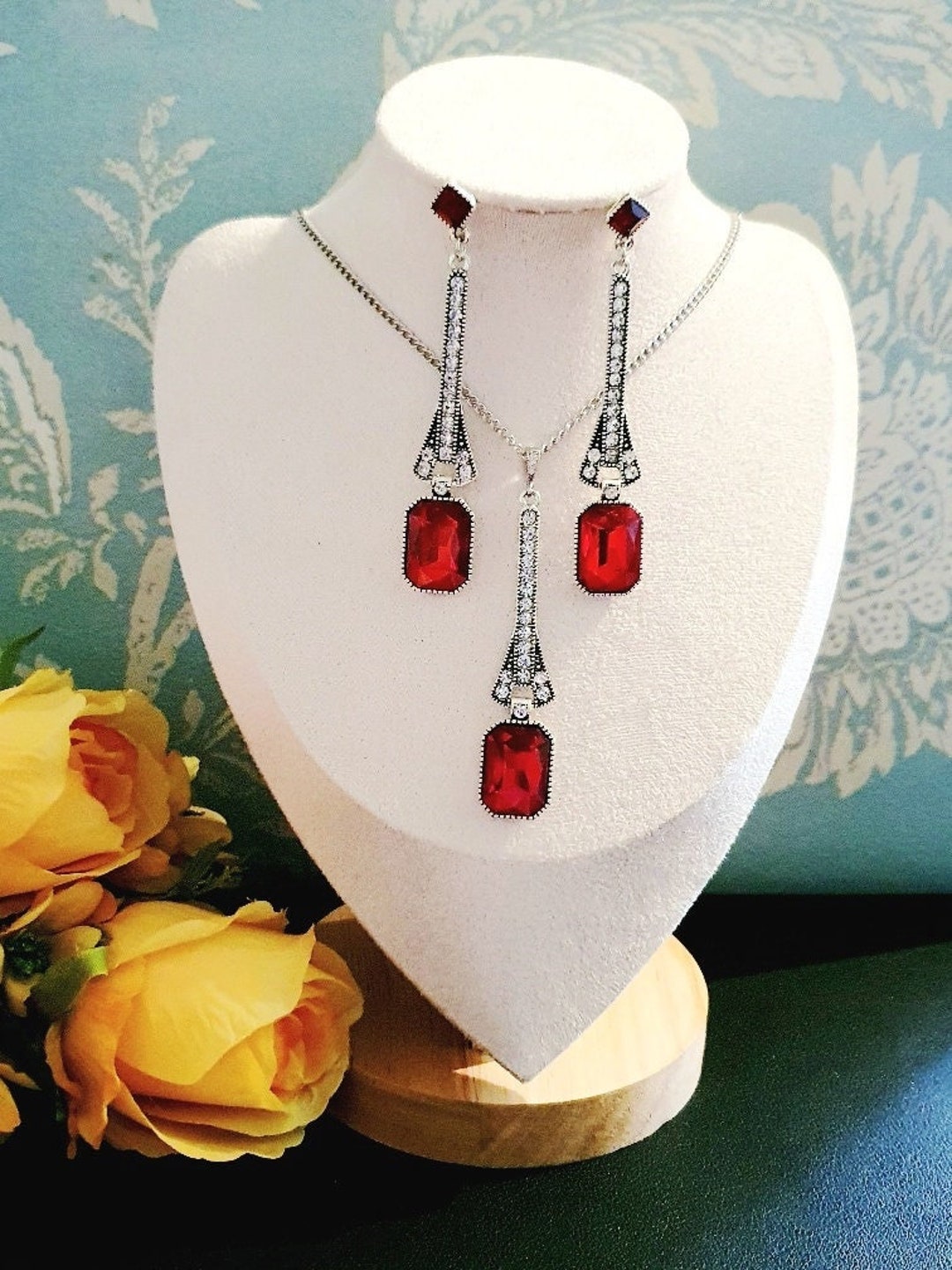 Long Art Deco Vintage Style Red Crystal Jewellery Set. Silver - Etsy