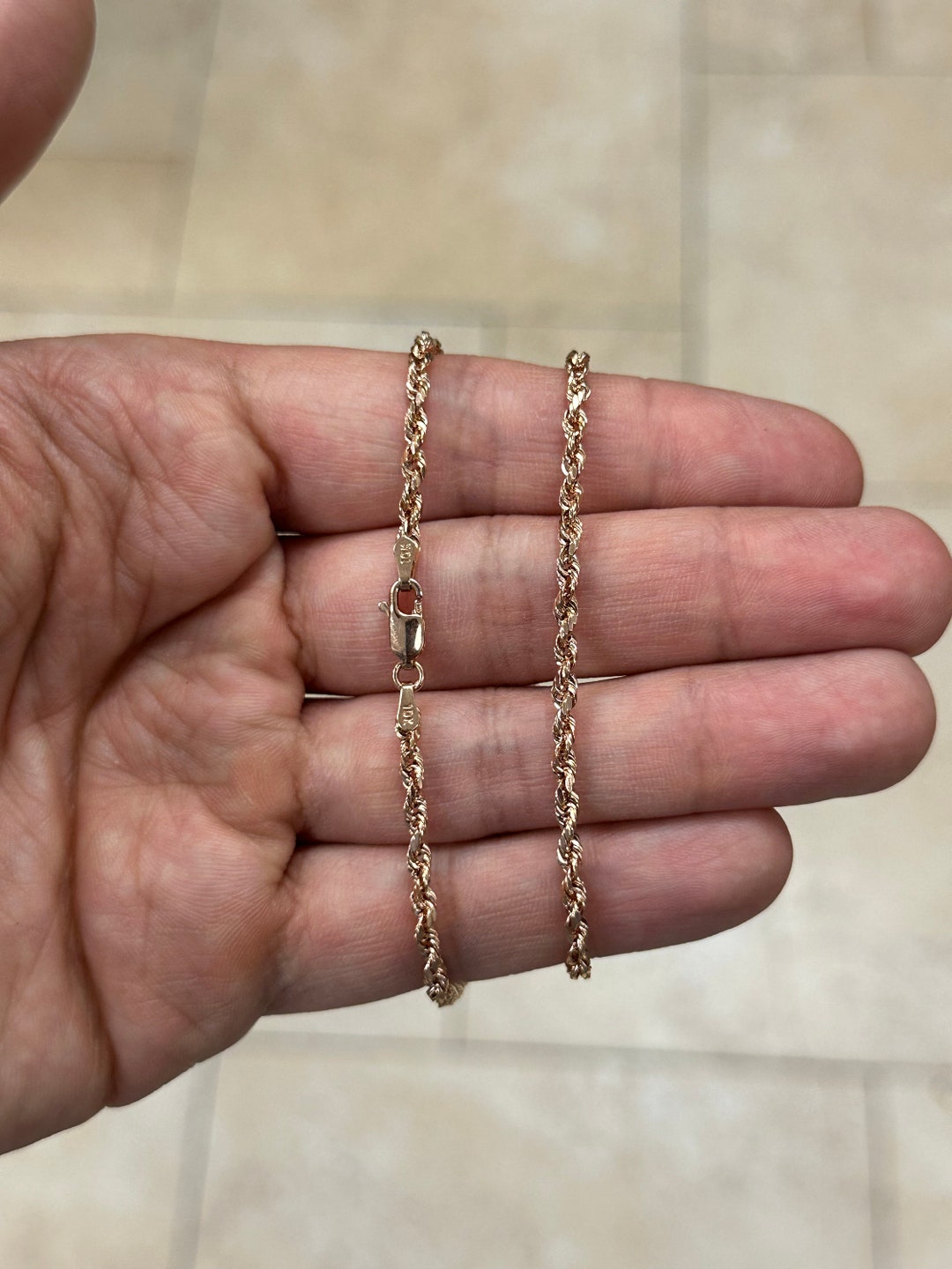 10K Rose Gold 2.5mm Rope Chain 16'' Inch, 14K Rose Gold Rope Chain, 14K ...