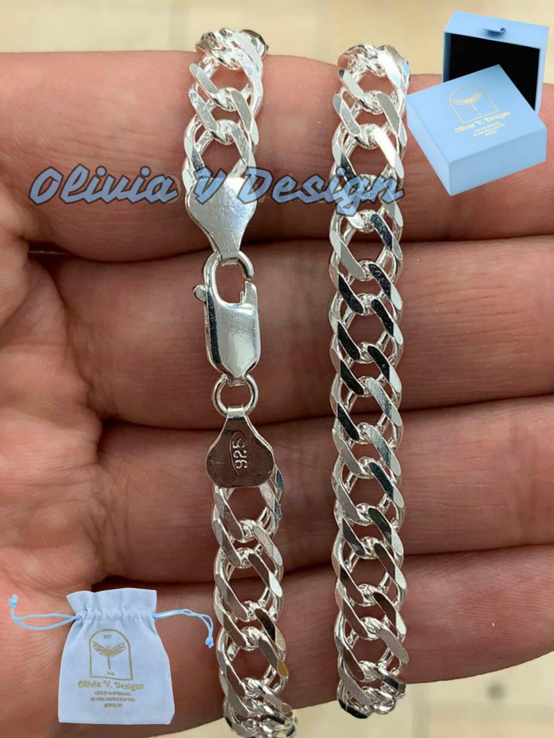 925 Sterling Silver Rambo Chain Necklace Italy 7mm , Lobster Clasp, New ...