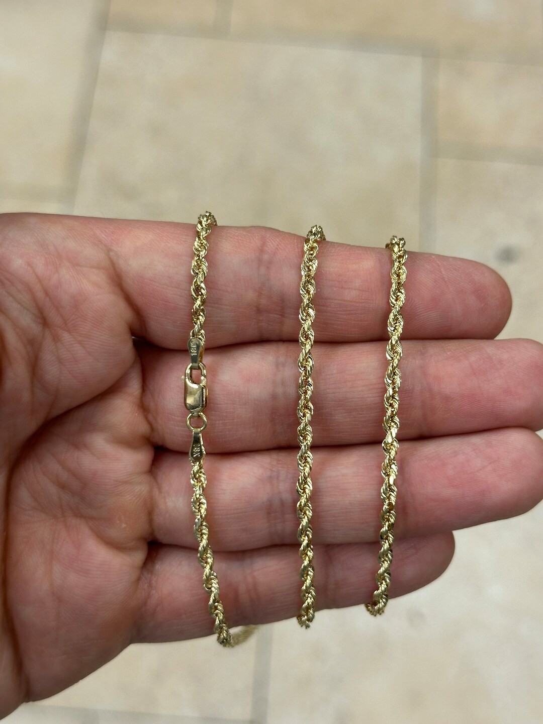 Genuine 18K Solid Genuine Gold Rope Chain 3mm 24'' Inch, Lobster Clasp ...