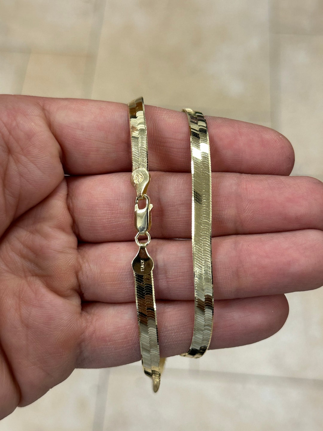 5.50mm Herringbone Chain, 925 Sterling Silver Necklace Over 14K Yellow ...