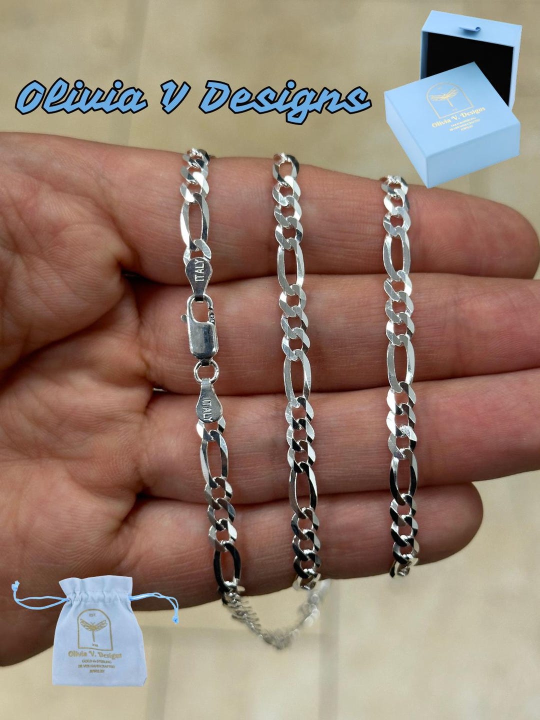 Figaro Chain, Men Woman Necklace , 925 Sterling Silver 4.4mm, All Sizes ...