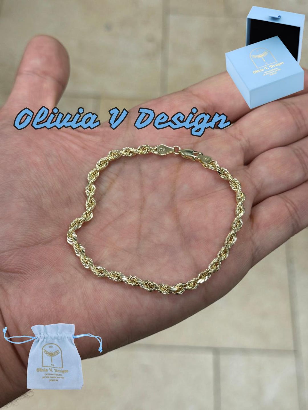 10K Solid Genuine Gold Rope Chain 4mm, Diamond Cut, Bracelet for Men ...