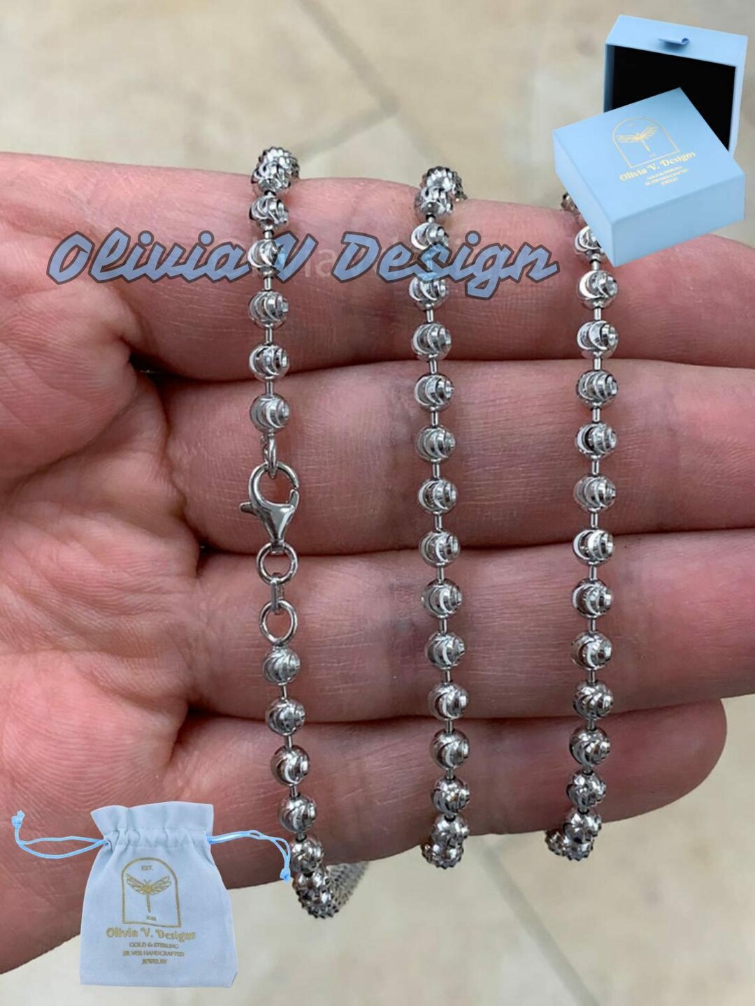 925 Sterling Silver Moon Cut Ball Bead Chain 4mm Necklace 18'' 20'' 22 ...