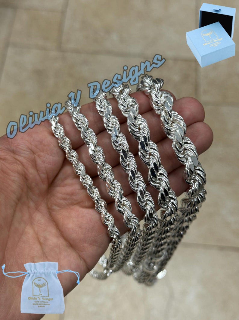 925 Sterling Silver Rope Chain Necklace 6.5mm 8mm 9mm 11.50mm 12.50mm ...