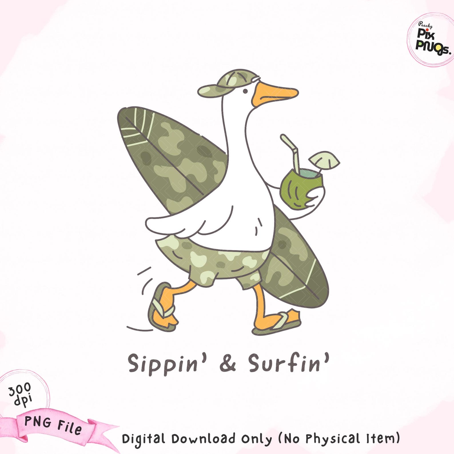 Sippin’ & Surfin’ Goose PNG, Funny Summer Goose Clipart, Camo Beach ...