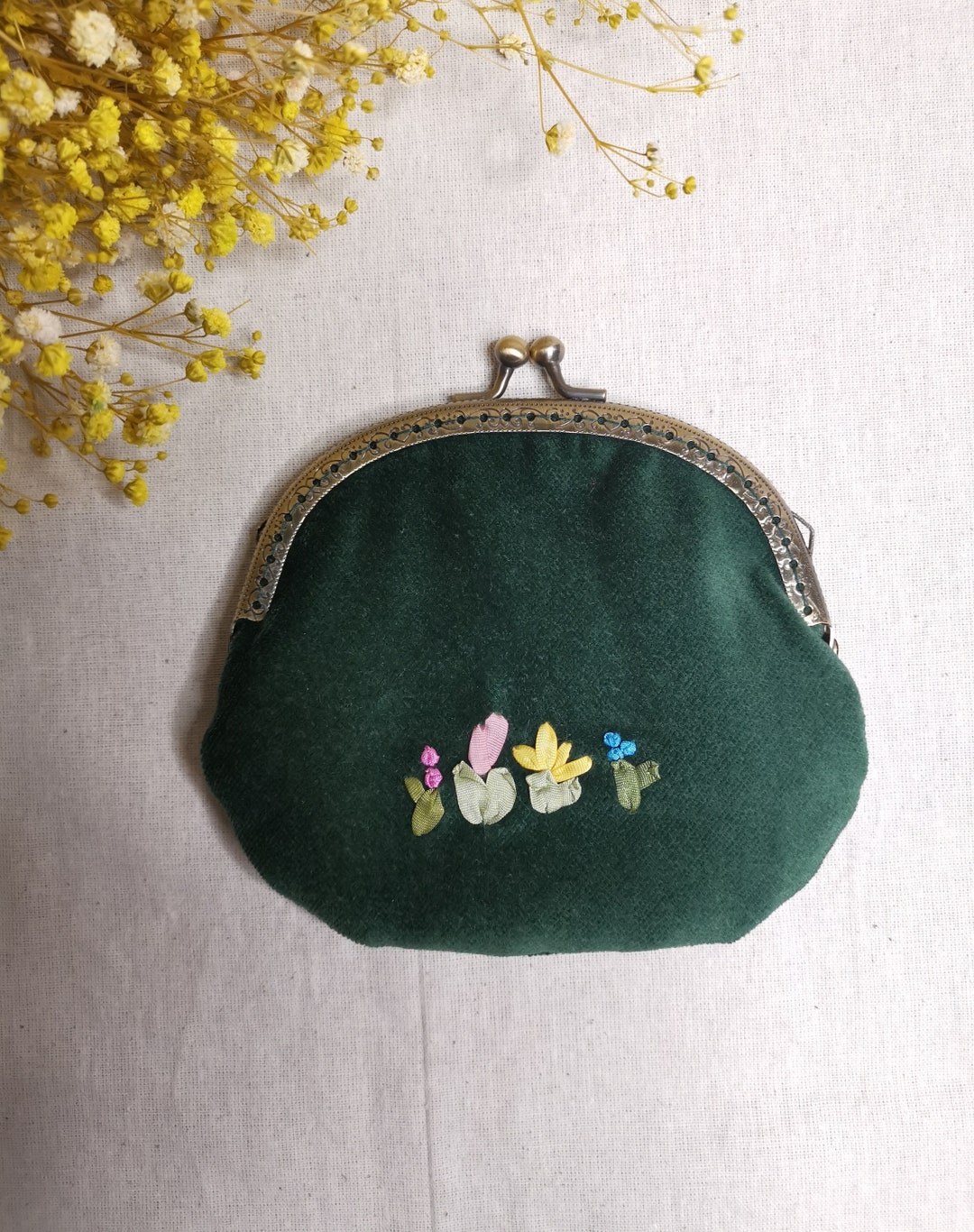 Velvet Coin Purse | Ribbon Embroidery | Green Clasp Purse | Card Holder ...
