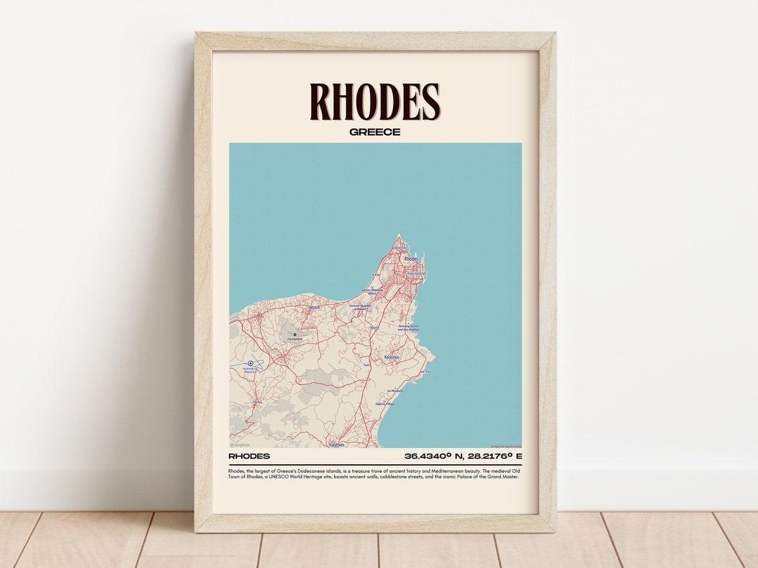 Rhodes Map Wall Art, Rhodes Canvas, Rhodes Photo, Rhodes Framed Poster ...