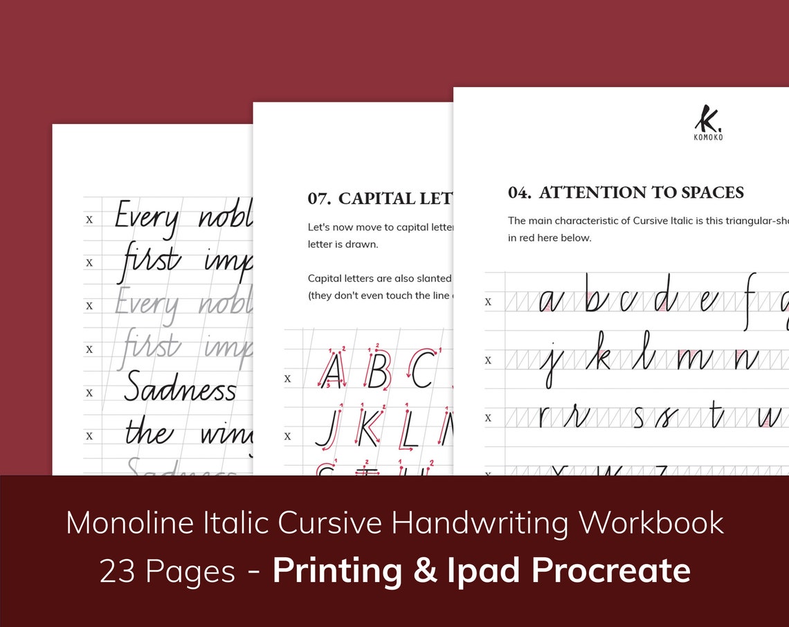Printable Italic Monoline Cursive Practice Guide Workbook. Monoline ...