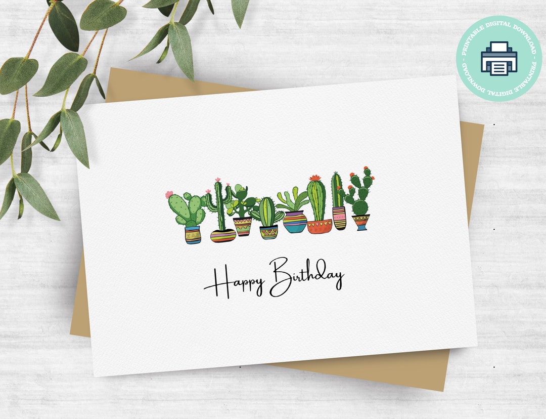 Printable Greeting Birthday Card With Cacti, Instant Download, Print at ...