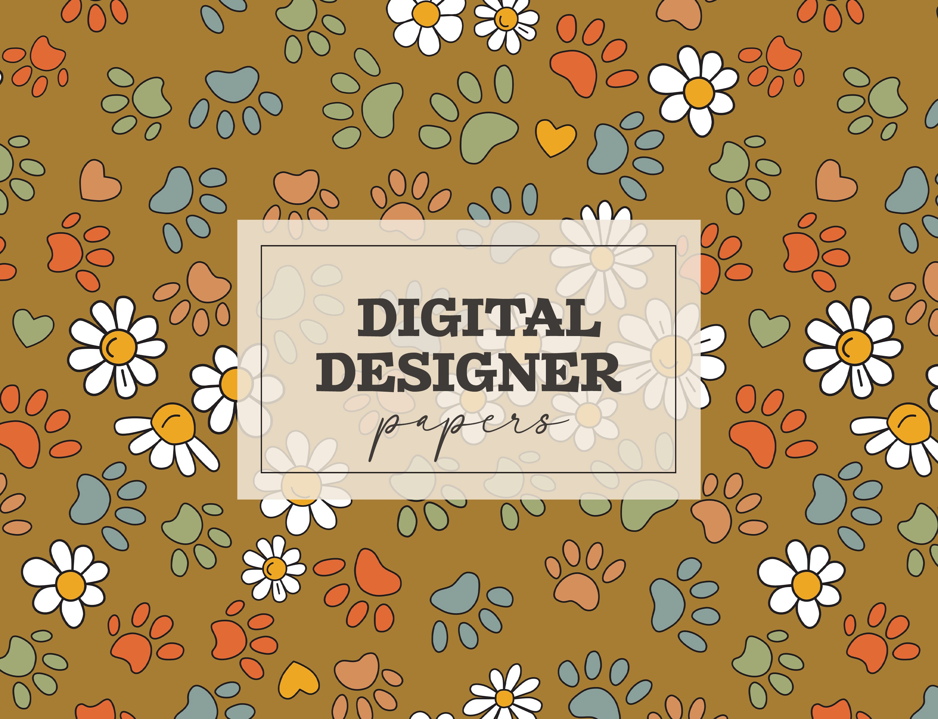 Printable Seamless Paper, Groovy Style, Paw and Flowers Pattern Design ...