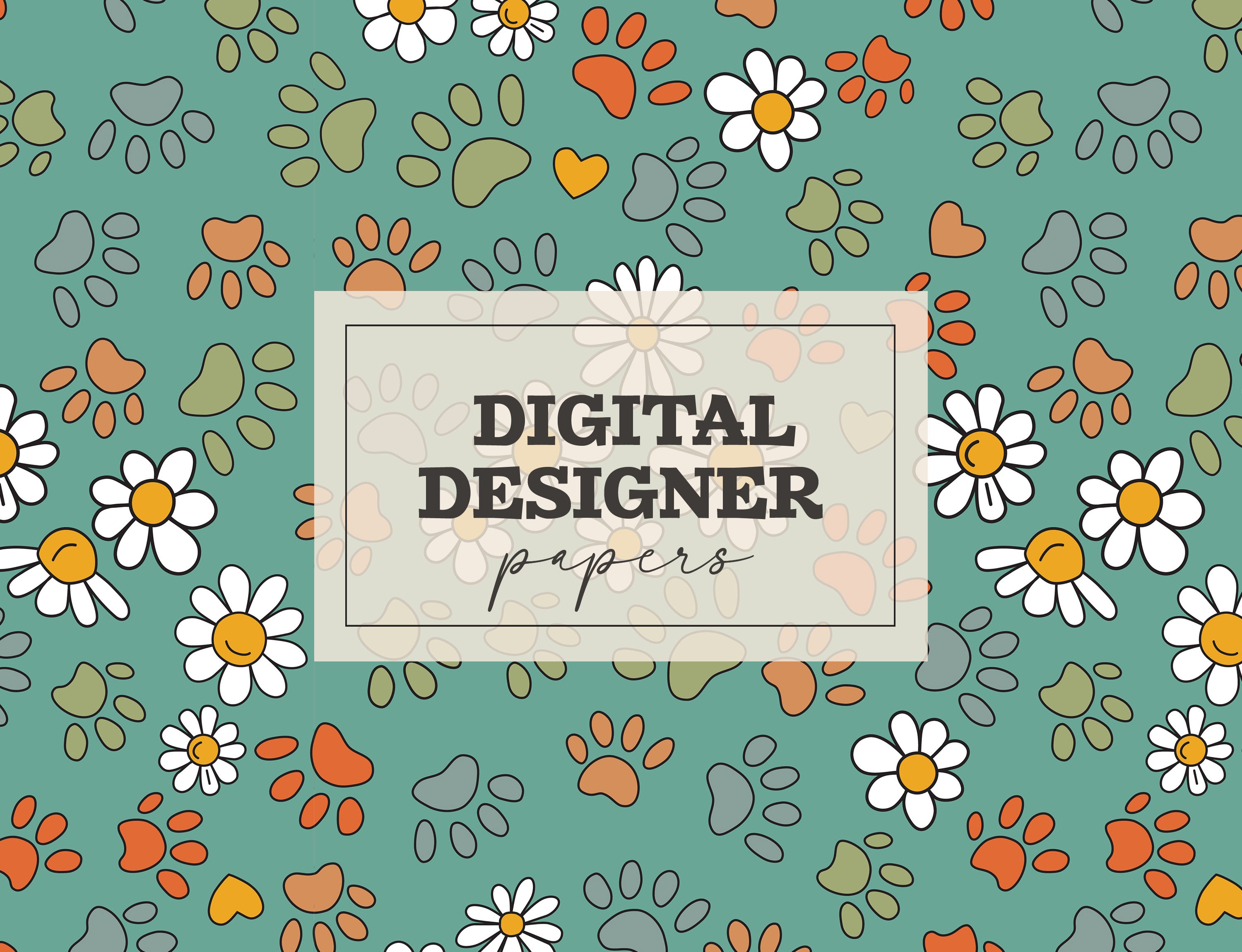Printable Seamless Paper, Groovy Style, Paw and Flowers Pattern Design ...