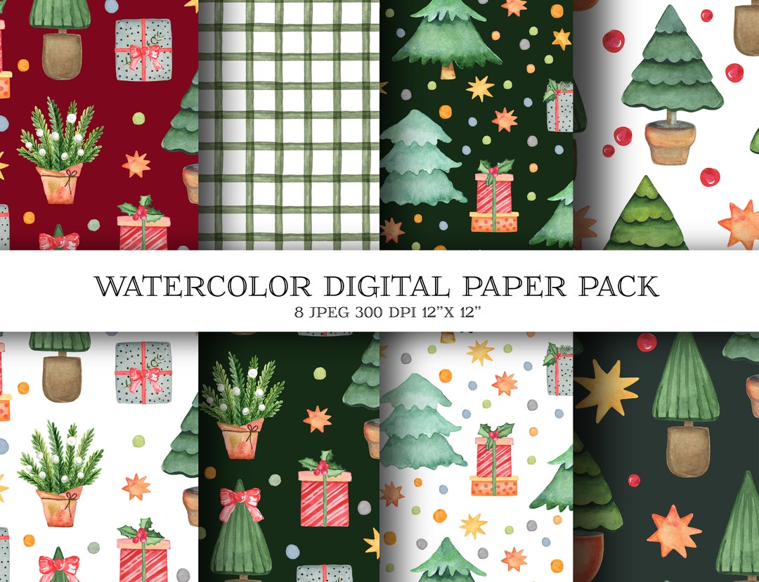 Digital Paper, Christmas Watercolor Papers, Holiday Seamless ...
