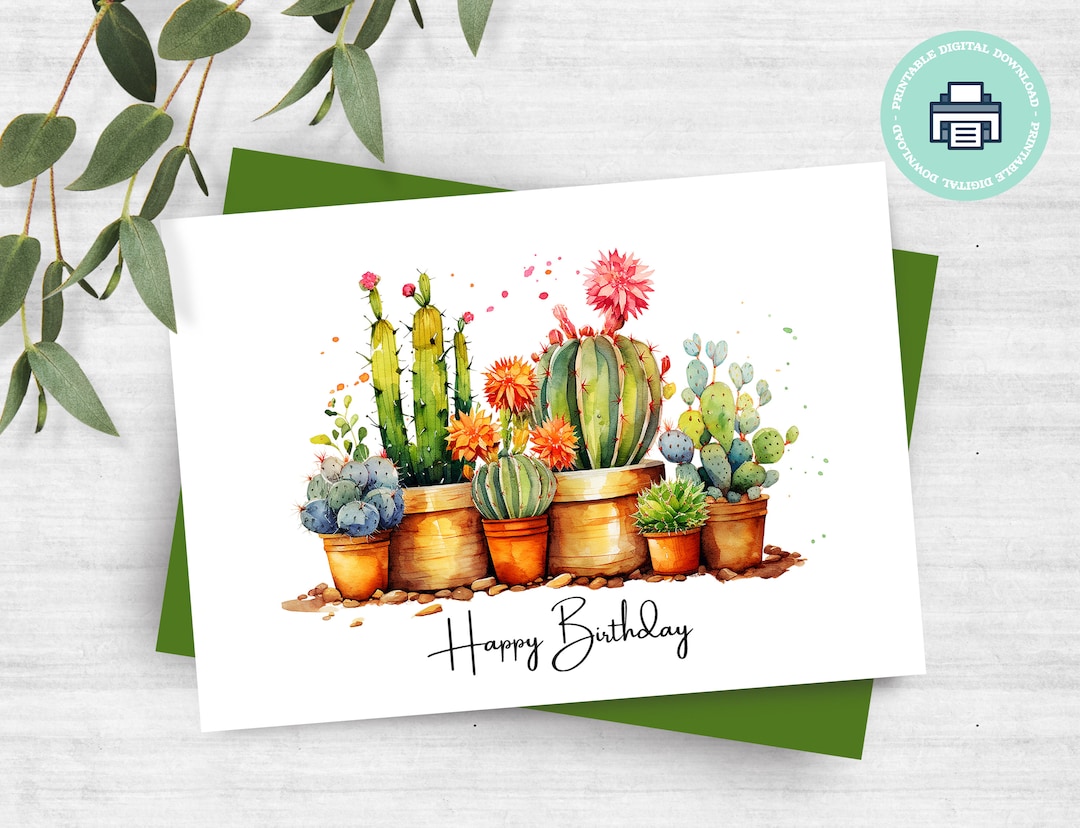 PRINTABLE Watercolor Cacti Birthday Card, Instant Download, Print at ...