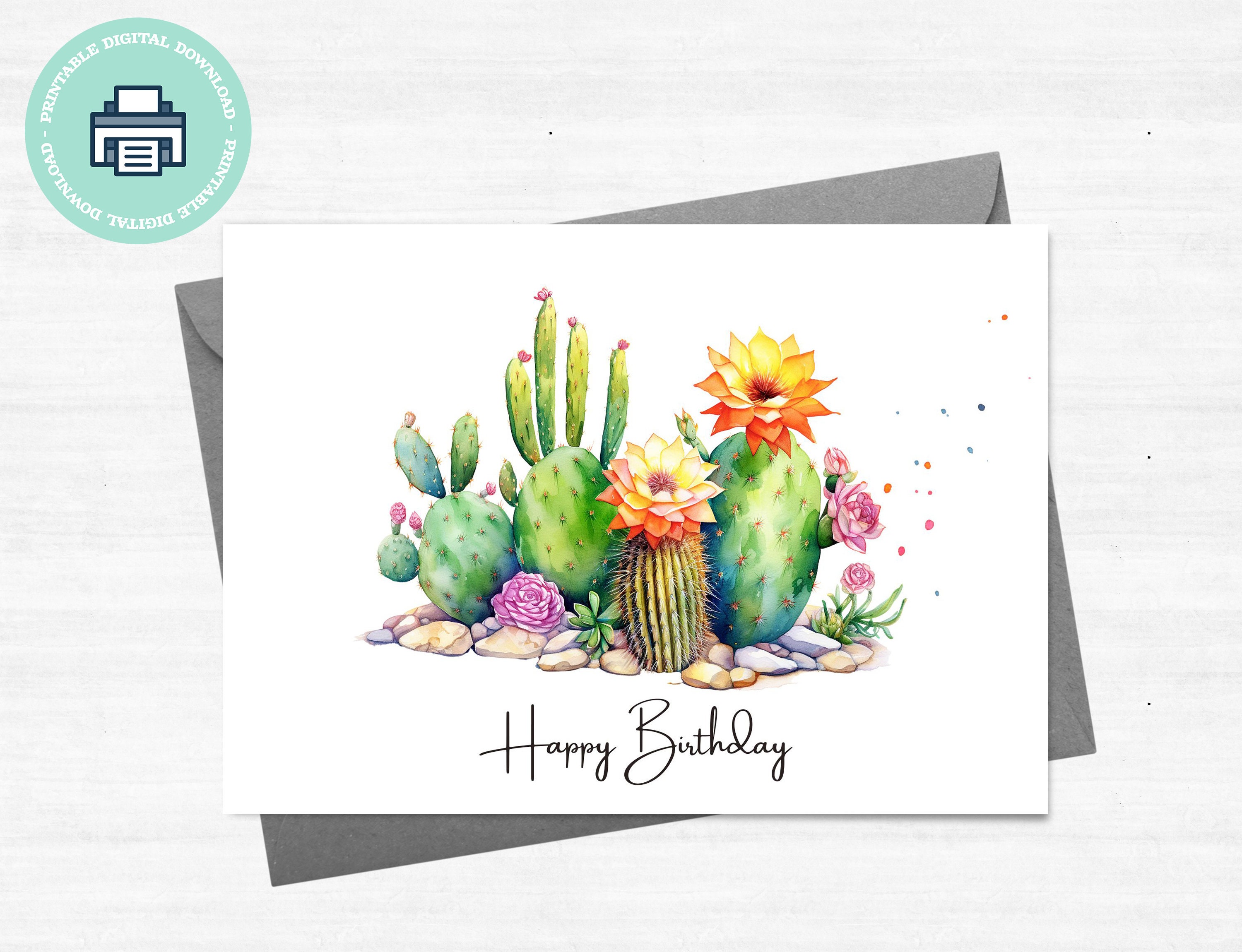 PRINTABLE Watercolor Cacti Birthday Card Instant Download - Etsy