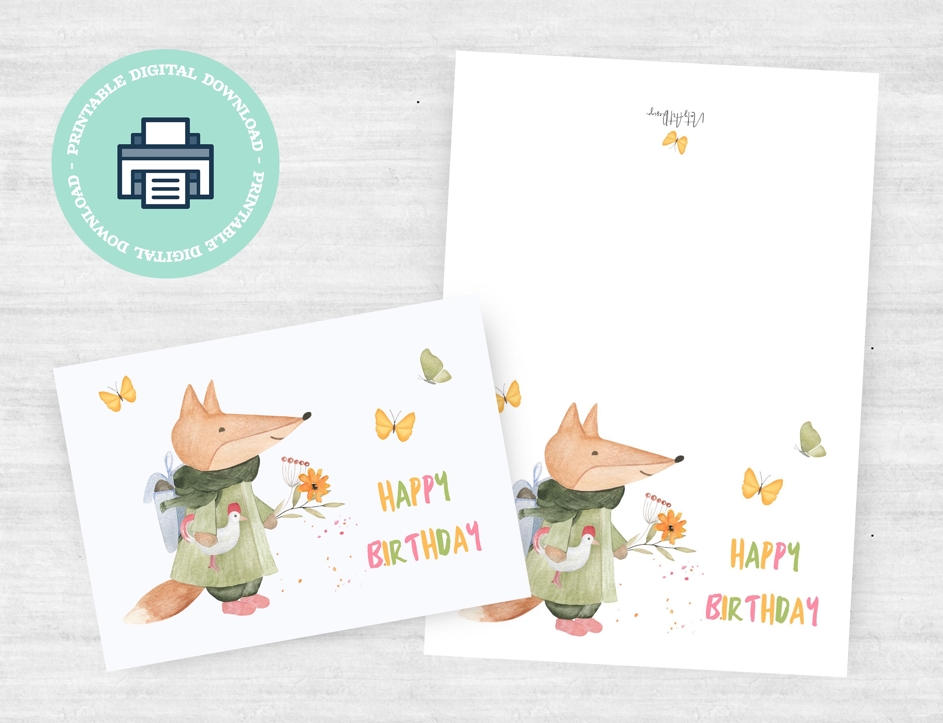 Printable Greeting Card Happy Birthday Wih Watercolor Fox, Printable ...
