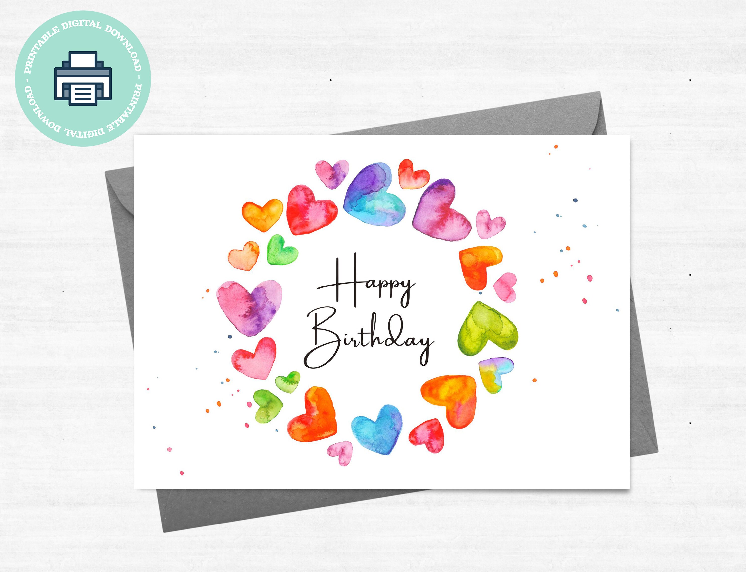 Printable Greeting Card Happy Birthday With Hearts Wreath Watercolor ...
