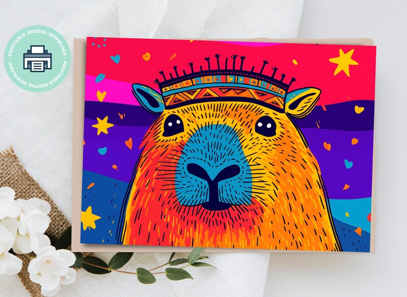 Capybara Great Greeting Card, Modern Style, Colored, Instant Download ...