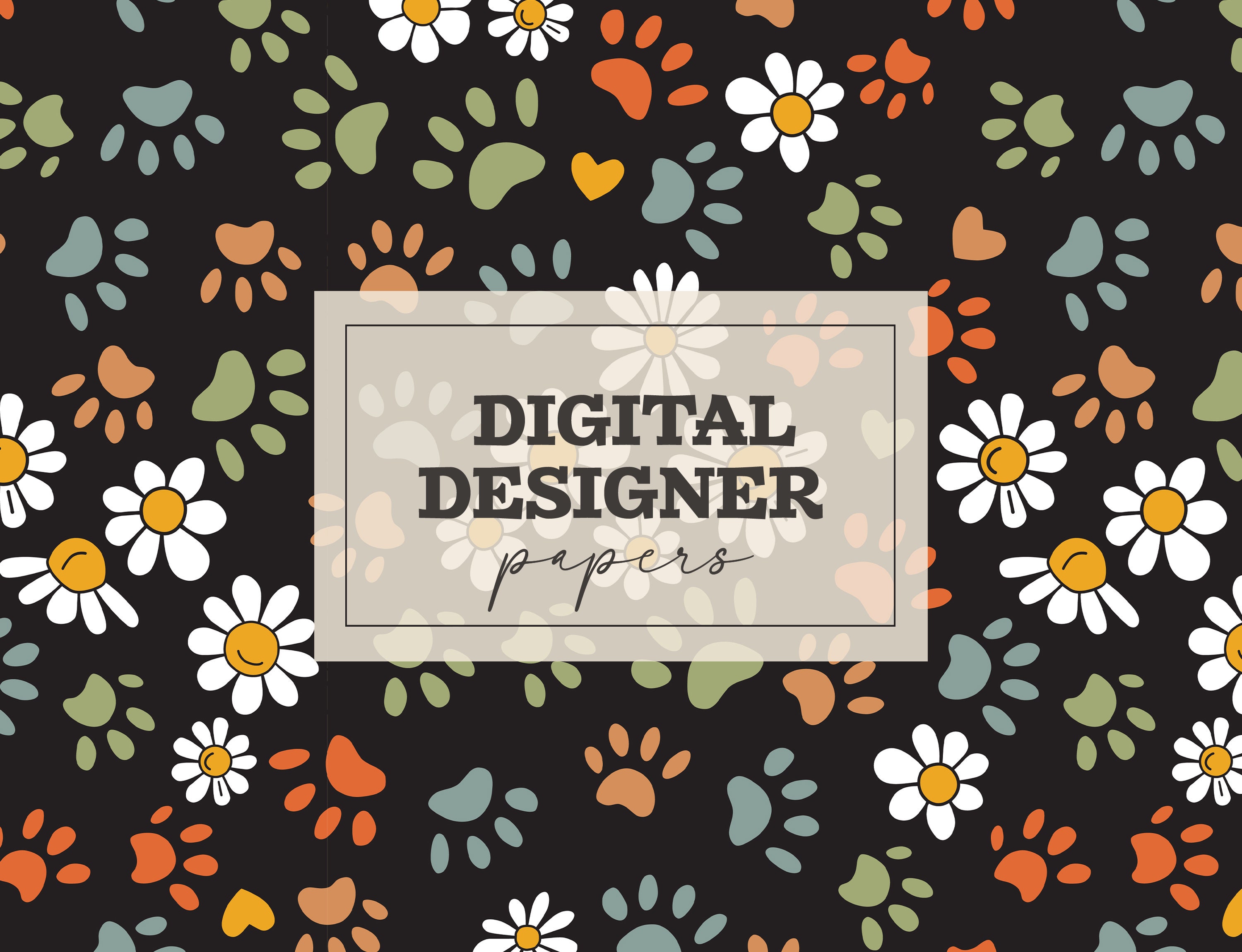 Printable Seamless Paper, Groovy Style, Paw and Flowers Pattern Design ...