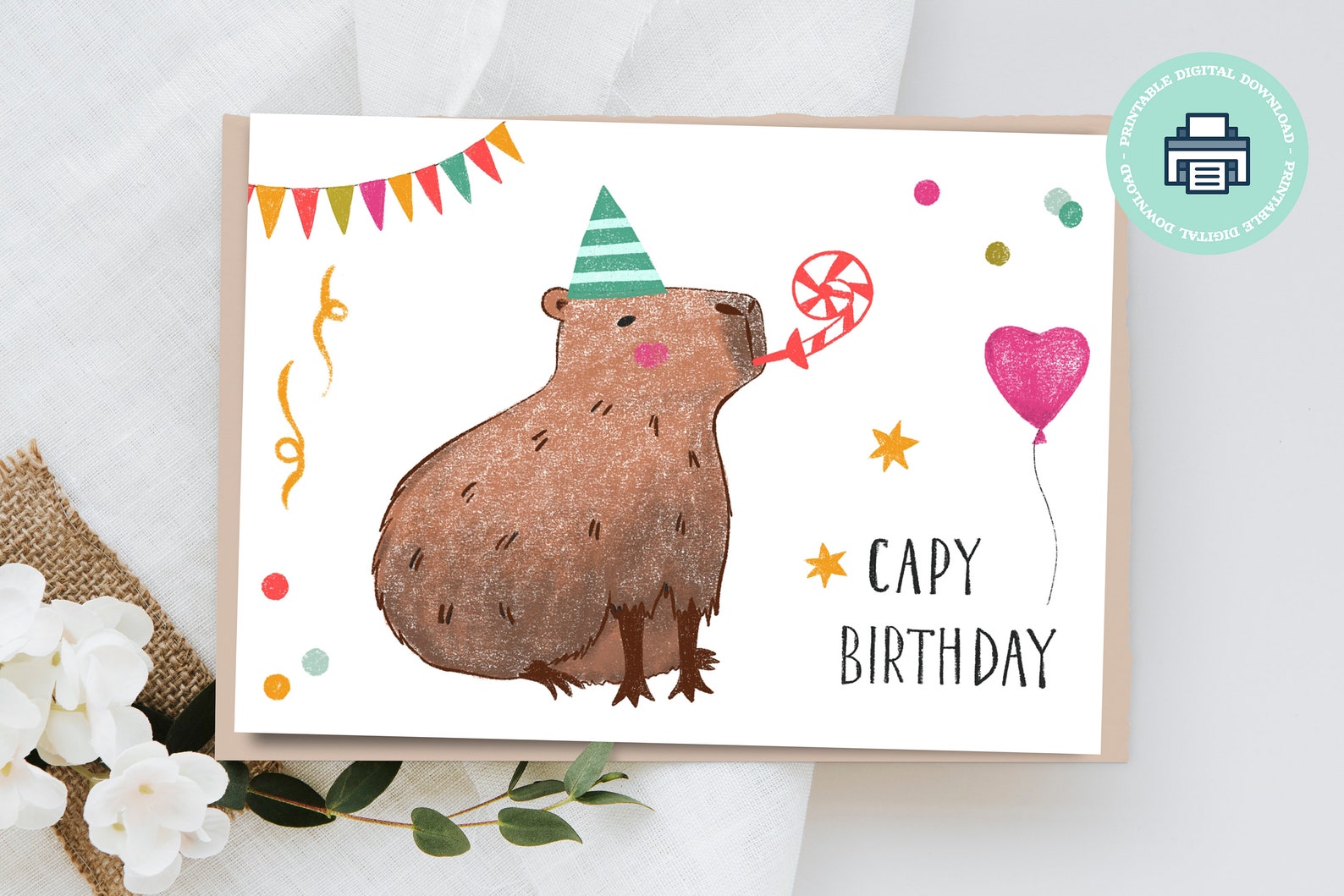 Printable Greeting Card Happy Birthday With Hand Drawn Capybara ...